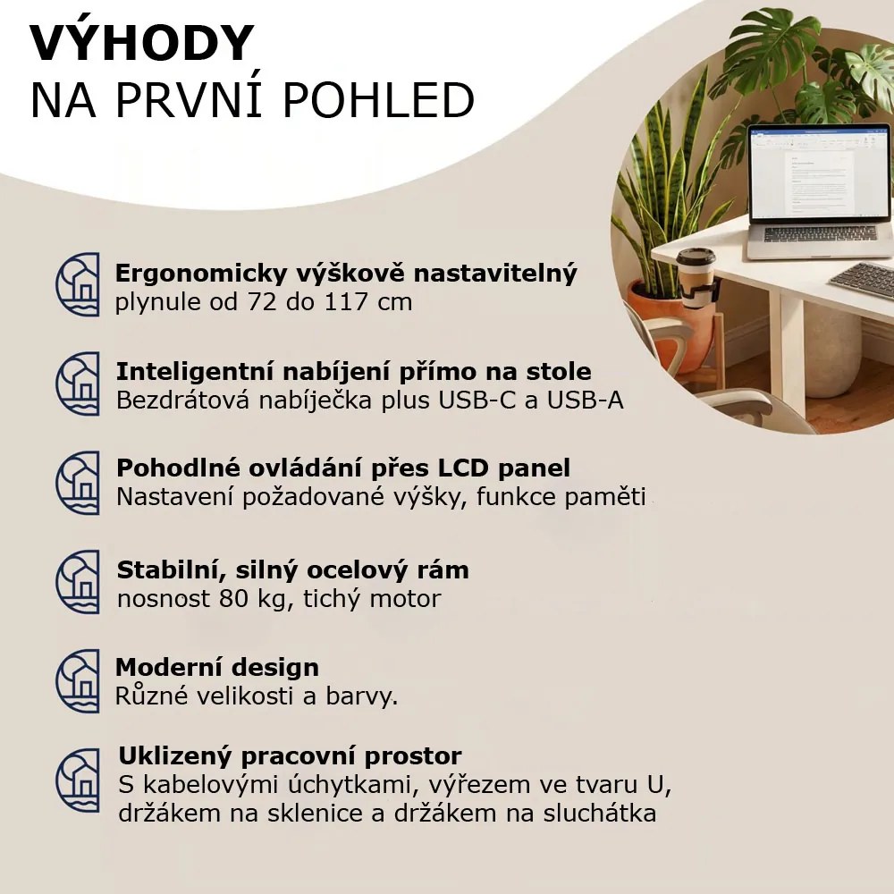 Výškově nastavitelný kancelářský stůl FLEXI, 140x70x72–117cm, bílá Casaria