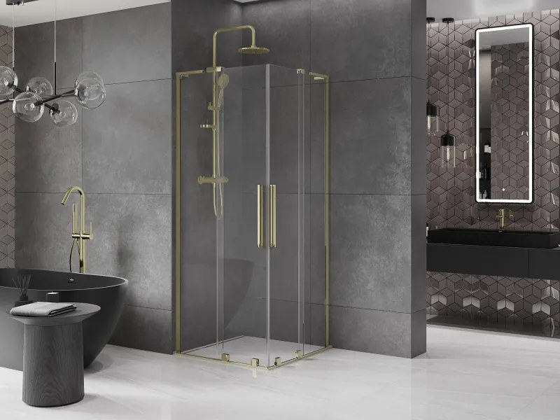 Mexen Velar L Duo, sprchový kout s posuvnými dveřmi 80 x 80 cm, 8mm čiré sklo, zlatá lesklá, 871-080-080-02-03-50