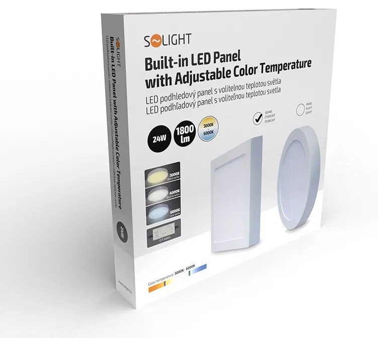 Solight LED mini panel CCT, přisazený, 24W, 1800lm, 3000K, 4000K, 6000K, čtvercový