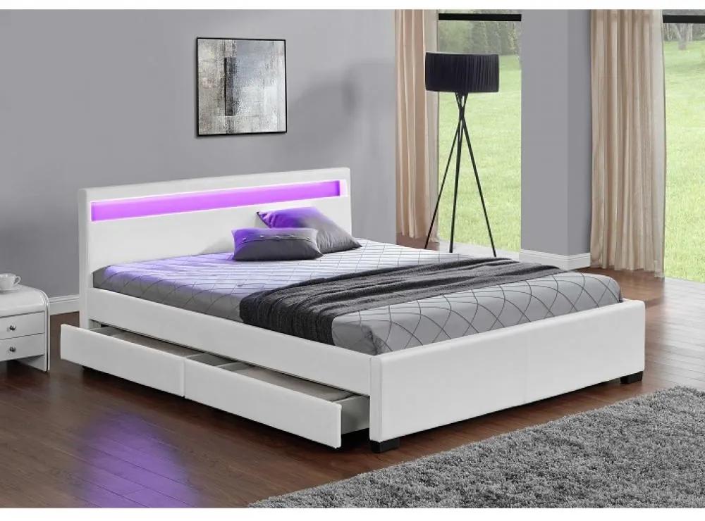 Manželská postel s úložným prostorem, RGB LED osvětlení, bílá ekokůže, 160x200, CLARETA
