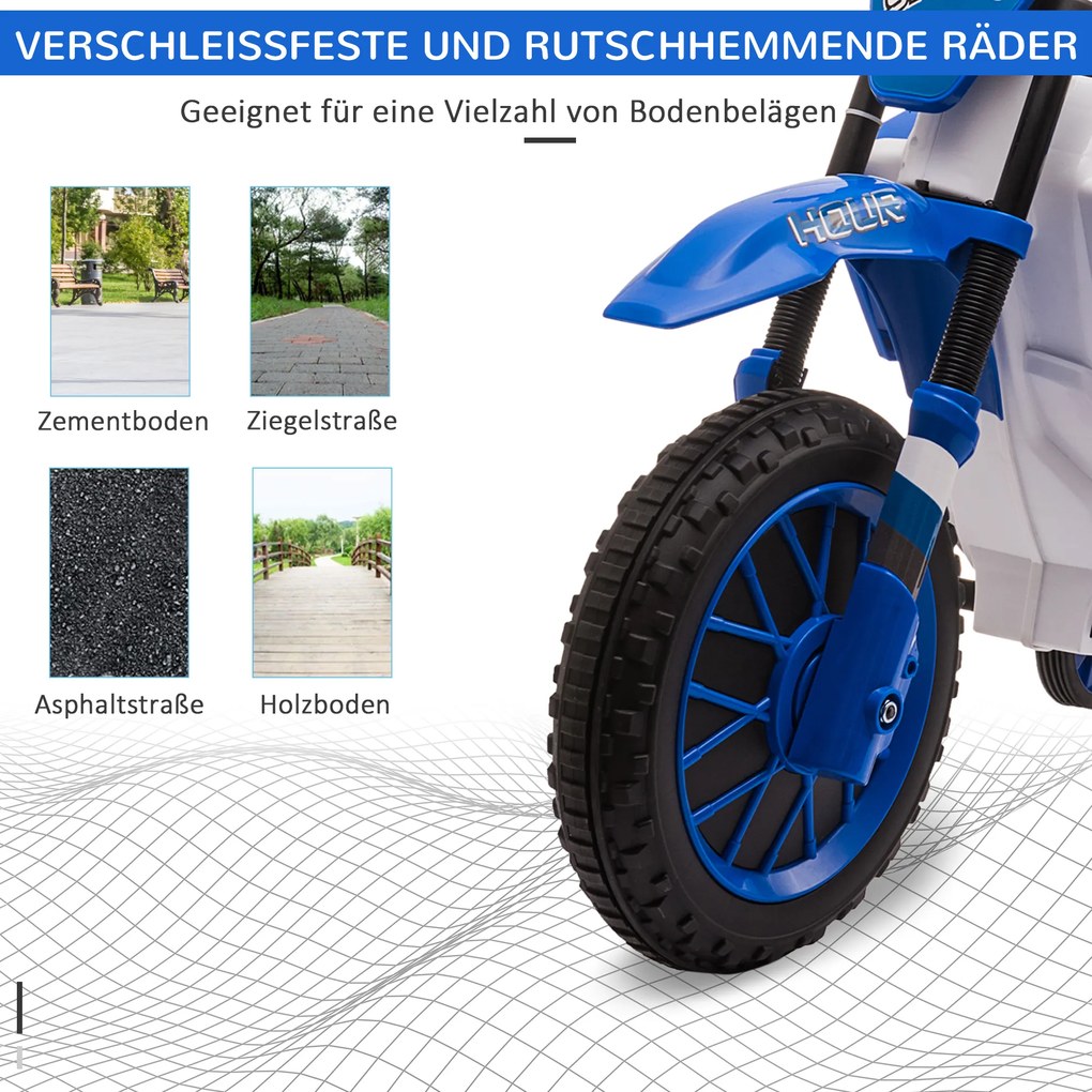 HOMCOM Dětská elektrická motorka 12V, se 2 odnímatelnými tréninkovými koly, od 3 let, PP kov, modrá+bílá