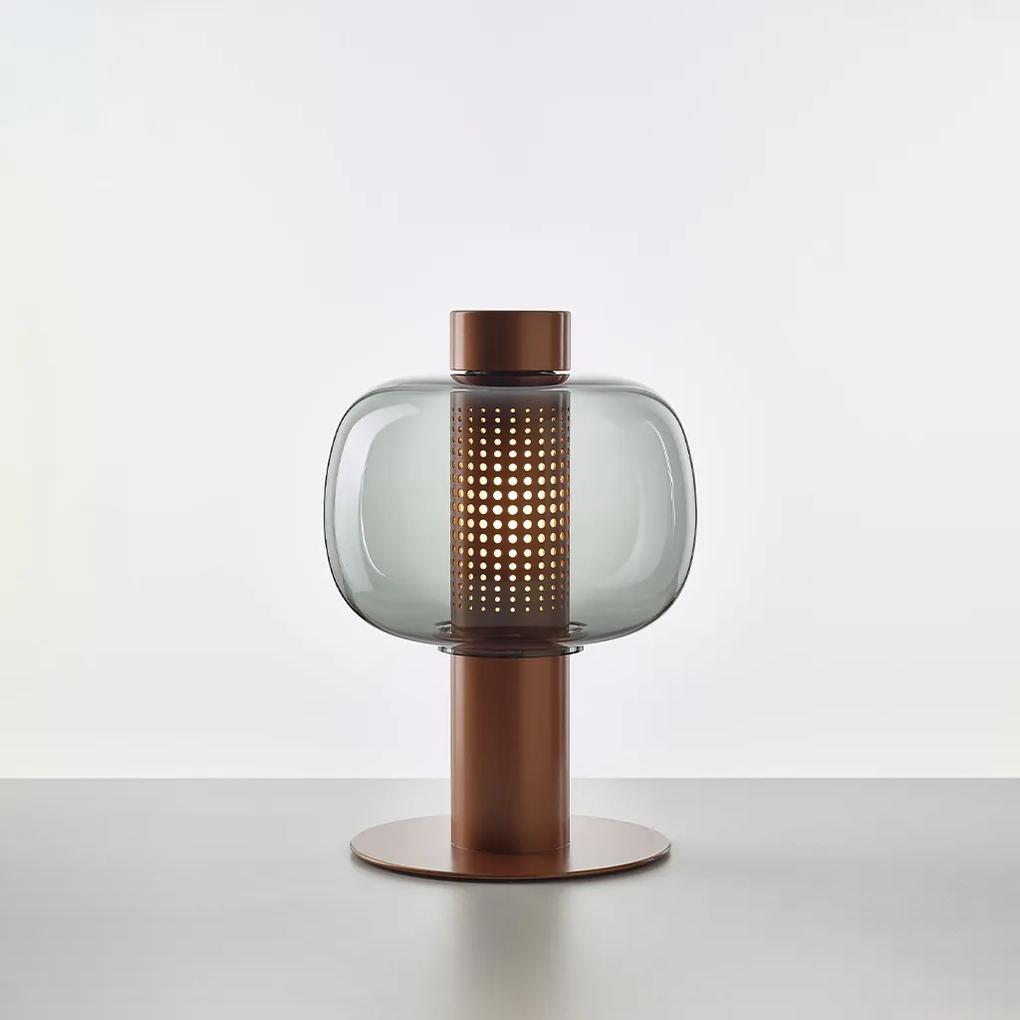 Venkovní difuzní lampa v japonském stylu Bonbori Outdoor Dekor: Měděná metalická noha / Kouřové sklo, Rozměr: ø 280 x 403 mm