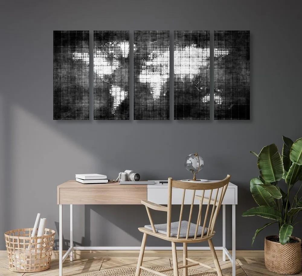 5-dílný obraz svět na mapě v černobílém provedení - 100x50 cm
