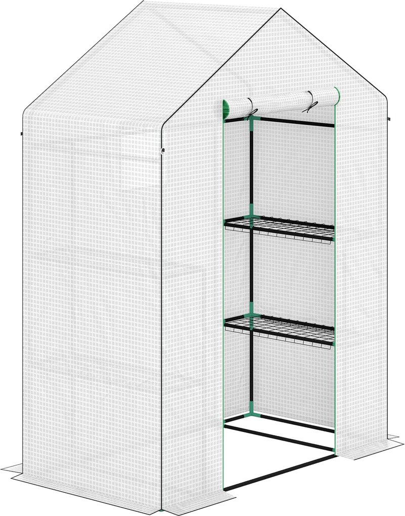 Outsunny PE Zahradní Skleník s 3 Úrovněmi Polic, Balkonový Skleník, Vyztužená Plachta 135 g/m², Ocelový Rámeček, Roll-Up Zipová Dveře, pro Zeleninu, …