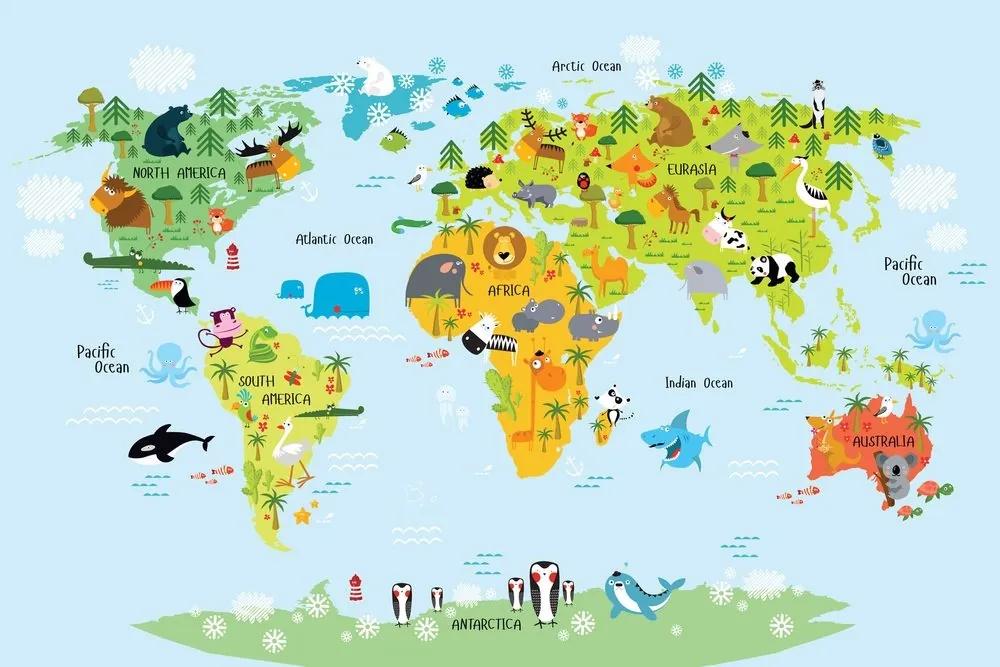Obraz dětská mapa světa se zvířátky - 60x40 cm