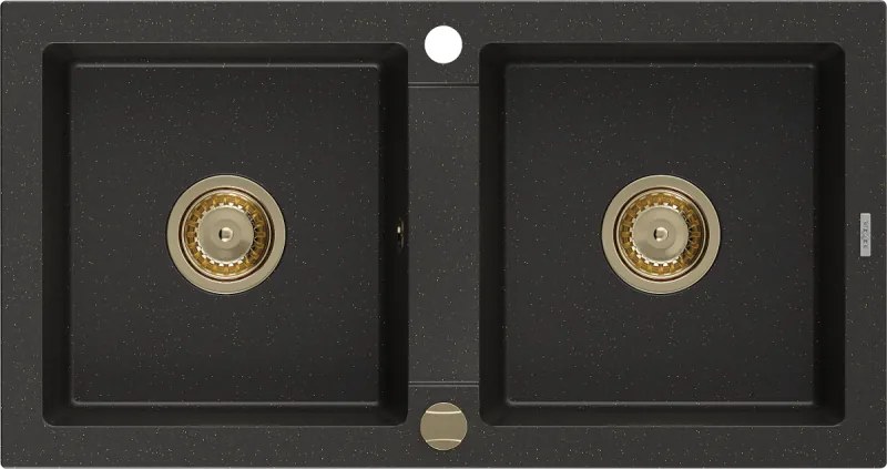 Mexen Mario, granitový dřez 820x436x161 mm, 2-komorový, černá-zlatá metalíza se zlatým sifonem, 6504822000-75-G