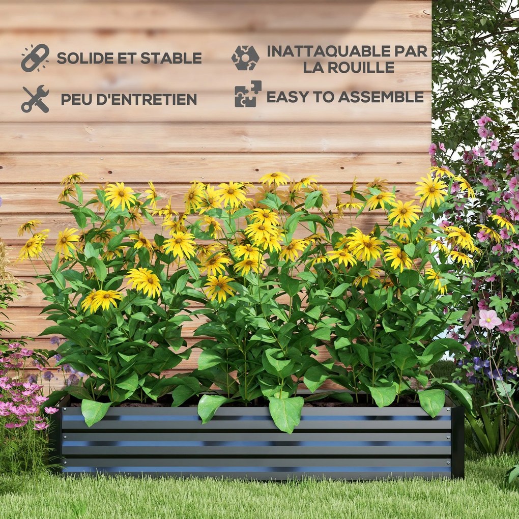 Obdélníková zahradní pěstební skříň Outsunny z oceli se bezpečnostním okrajem a otevřeným dnem, rozměry 150D x 70Š x 30V cm, černá
