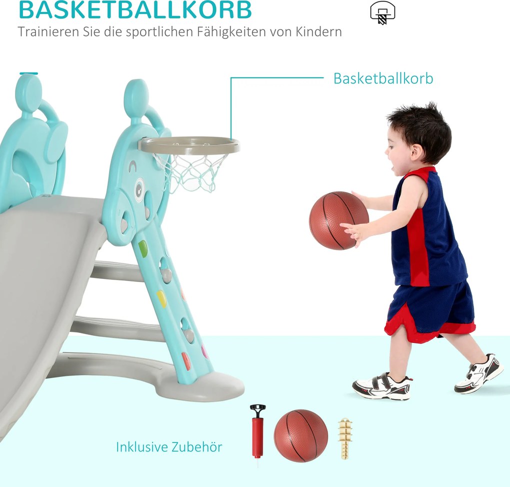 Dětská skluzavka HOMCOM se šplhacími žebříky a basketbalovým košem pro děti od 18 měsíců - vnitřní a venkovní použití, nosnost 20 kg, rozměry 147L x …