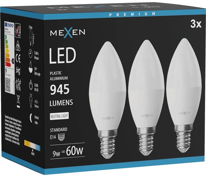 Mexen Nova 3x LED žárovka E14, C37, 9W, Neutrální - 4000K, 945 lm - L102-E14-0940-01x03