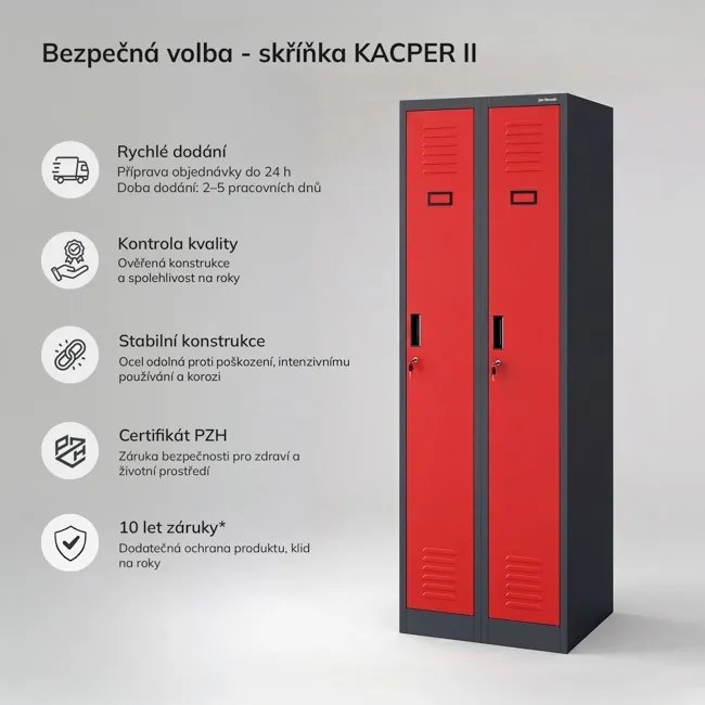 Dvoukomorová zaměstnanecká skříňka antracitově červená, 600x1800x500 mm: KACPER II