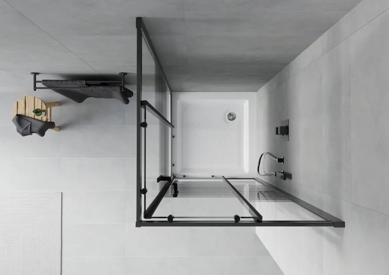 Mexen Rio, čtvercový sprchový kout s posuvnými dveřmi 70 (dveře) x 70 (dveře) x 190 cm, 5mm čiré sklo s pásky, černý profil + bílá sprchová vanička RIO, 860-070-070-70-20-4510
