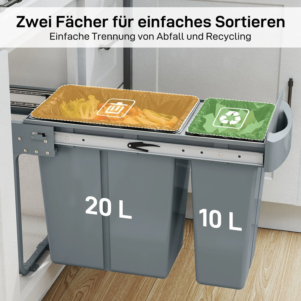 HOMCOM Vysunovací odpadkový koš, kuchyňský koš s 2 vyjímatelnými nádobami, rukojeť, 30 litrů (20 L + 10 L), kov, šedá