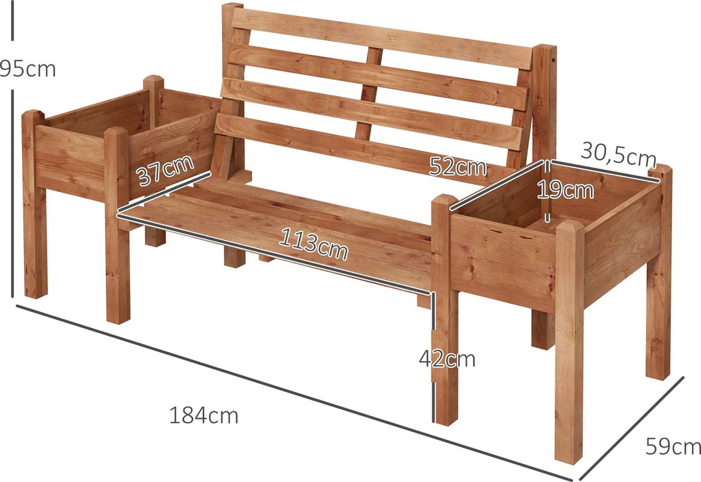 Zahradní lavička Outsunny, pro 2 osoby, dřevěná lavička s květináčem, vhodná do zahrady a na terasu, nosnost až 240 kg, 184 x 59 x 95 cm, tmavě hnědá