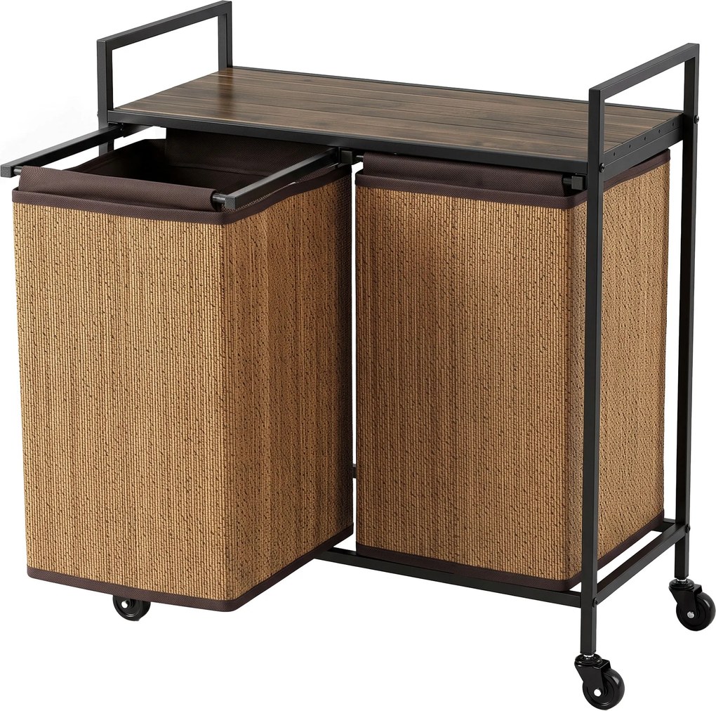 HOMCOM Koš na prádlo z bambusu 2 přihrádky 120 L sběrač prádla s policí, koš na prádlo, válecí 73x33x78 cm, hnědá