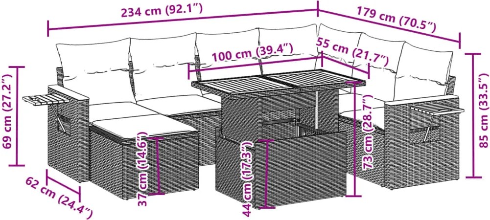 8dílná zahradní sedací souprava s poduškami šedá polyratan 3273636