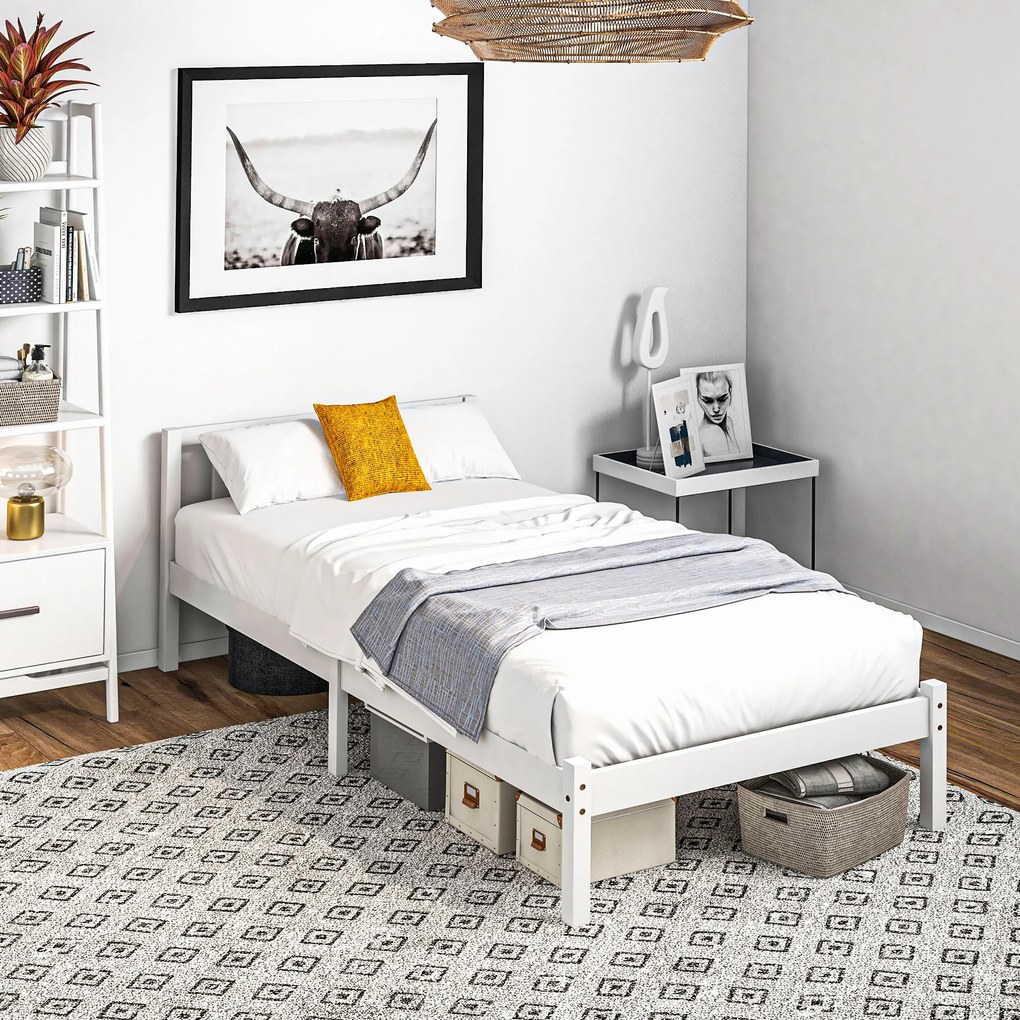 HOMCOM Dřevěný Rám Postele s Hlavovou Opěrkou pro Matratzi 90x190 cm (není součástí) Nosnost 120 kg 198x96x70 cm Bílý