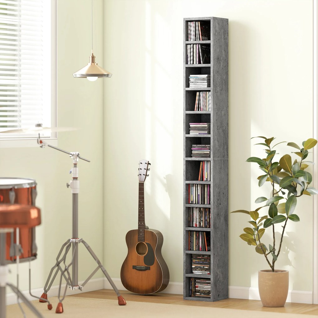 HOMCOM knihovna/CD regál se 12 přihrádkami pro 204 CD, z MDF a dřevotřísky, 21x20x175 cm, Cementově šedá