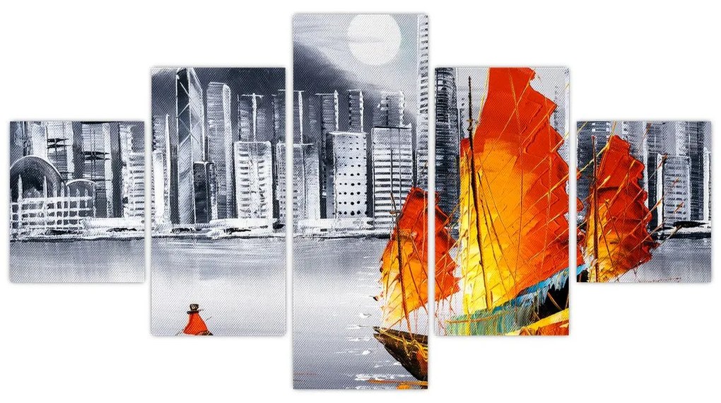 Obraz - Victoria Harbor, Hong Kong, černobílá olejomalba (125x70 cm)