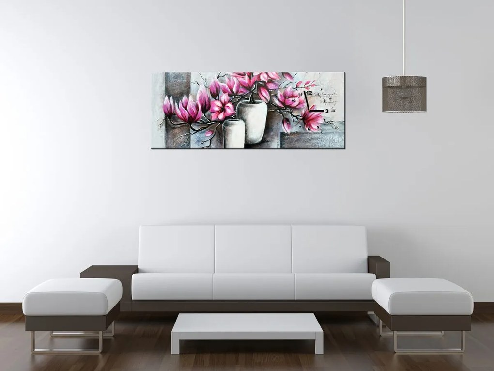 Gario Obraz s hodinami Růžové magnolie ve váze Rozměry: 100 x 40 cm