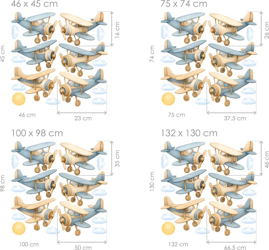 Letadla dvouplošníky textilní přelepovací samolepky na zeď arch 46 x 45 cm
