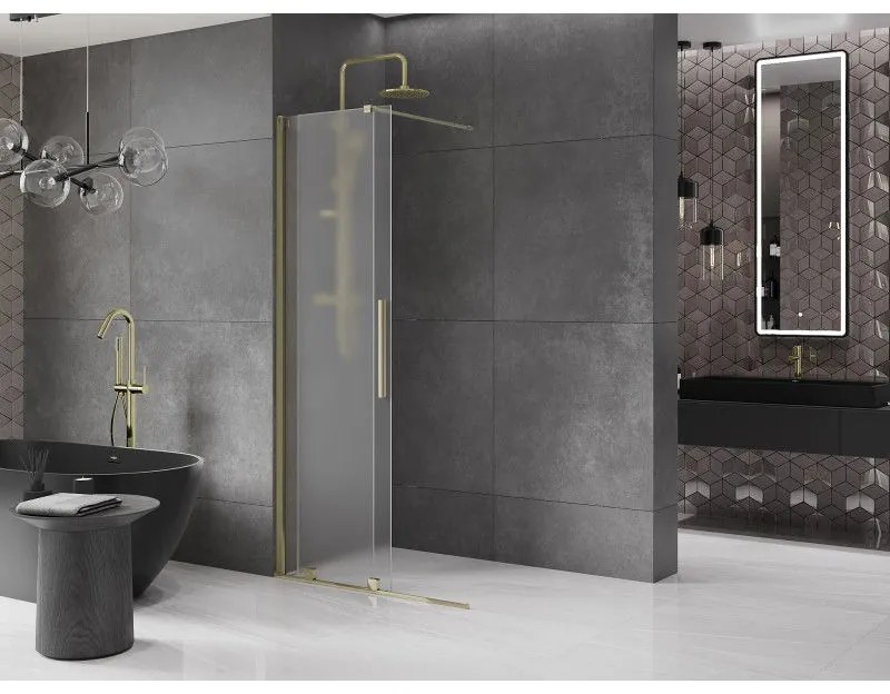 Mexen Velar, sprchová zástěna s posuvnými dveřmi Walk-in 90 x 200 cm, 8mm sklo námraza, zlatá lesklá, 871-090-000-33-50