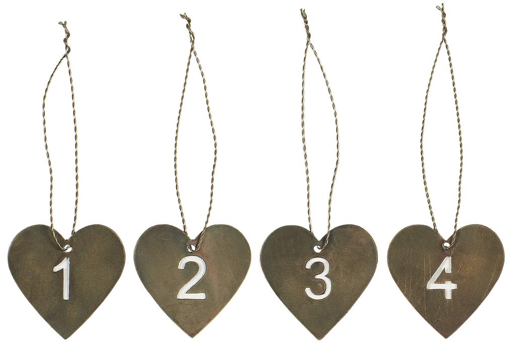 IB LAURSEN Plechové adventní štítky Heart Gold - set 4 ks, šedá barva, měděná barva, kov