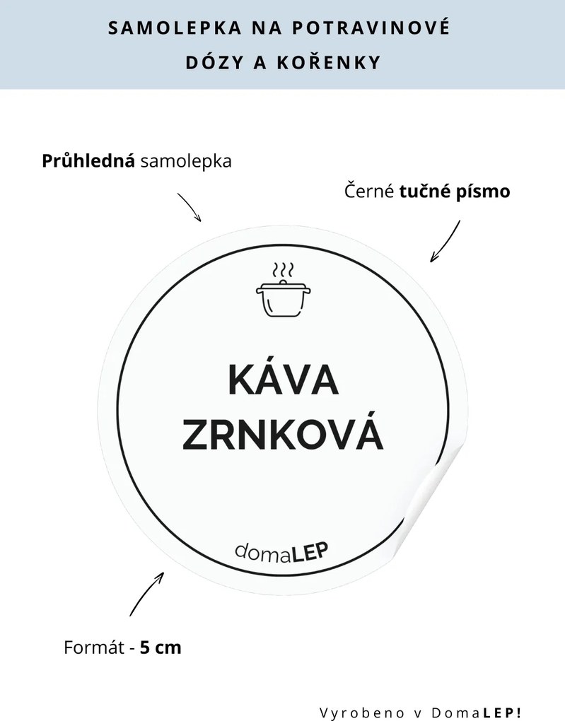 KÁVA ZRNKOVÁ – průhledná samolepka na dózu, tučné písmo, 5 cm | DomaLEP