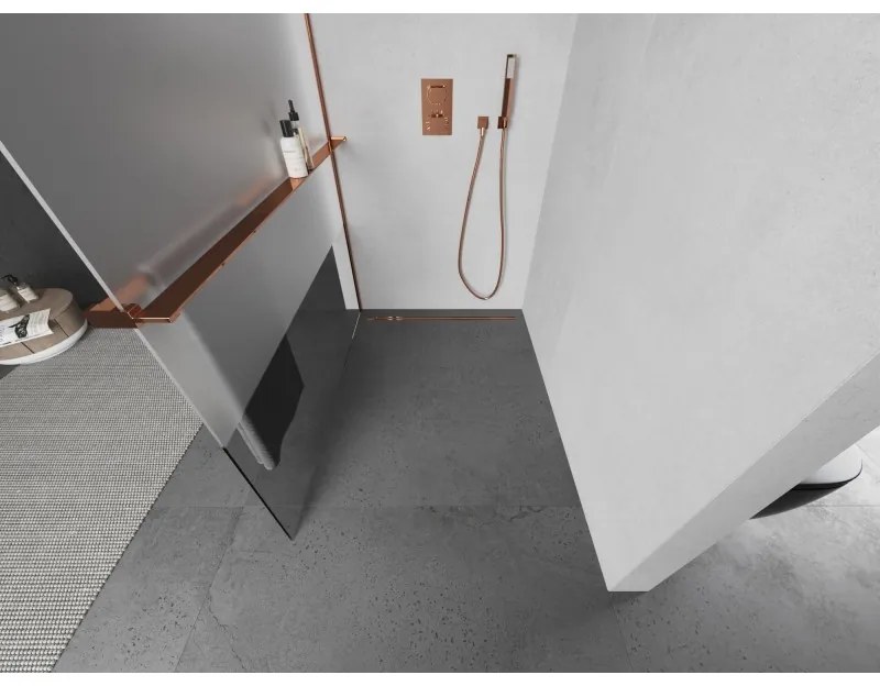 Mexen Kioto+ L, sprchová zástěna Walk-In s poličkou a ramínkem 100 x 200 cm, 8mm čiré sklo-námraza, růžové zlato profil, 800-100-123-60-35