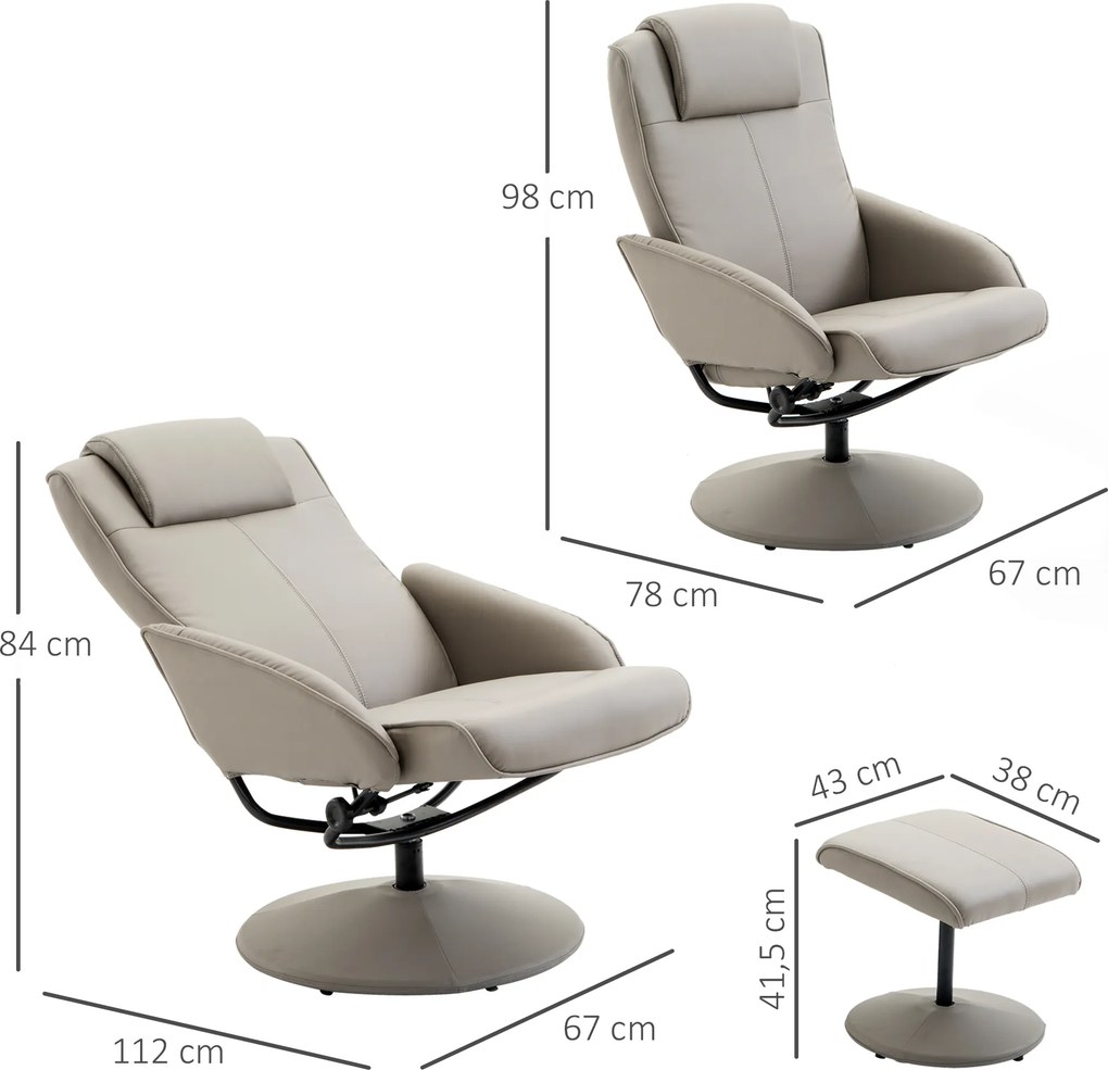HOMCOM polohovací křeslo TV křeslo otočné o 360° s podnožkou v šedé barvě, D78 × Š71 × V101 cm, pohodlné křeslo do obývacího pokoje | Aosom.de