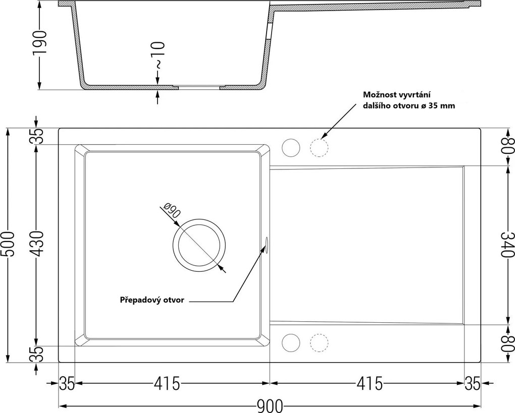 Kuchyňský granitový dřez LEO - 90 x 50 cm - šedý, 6501901010-71