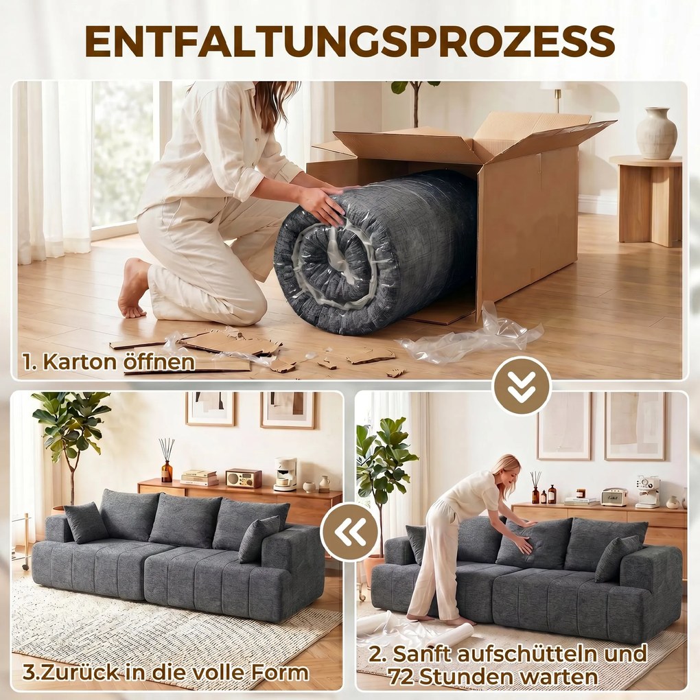 HOMCOM 3místná čenilová pohovka, 248 cm, moderní obývací pohovka s hlubokým polstrováním a taštičkovými pružinami, širokými područkami, 2 polštáři, p…