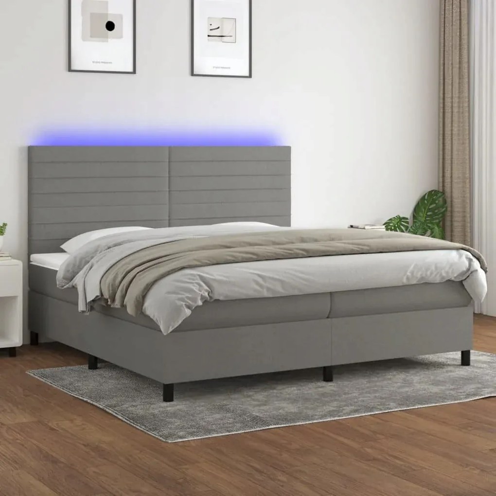 Box Spring Postel S Matrací A Led Textil Tmavě Šedá vodorovné pruhy 200 x