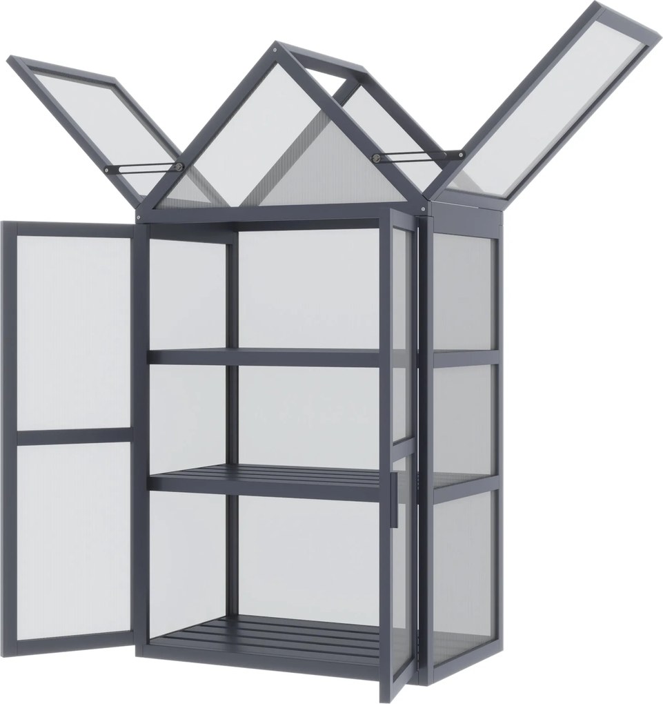 Outsunny Mini Skleník 3 Patra Zahradní Postel s Otevíratelnou Střechou a Dvojitými Dveřmi z Dřeva a Polykarbonátu, Voděodolný, Přírodní, 70,5 x 42 x 1