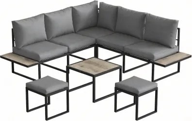 Outsunny modulární zahradní lounge pro 6 osob s konferenčním stolem a bočními stolky v PSPC dřevěném dekoru, tlusté 10 cm polštáře, šedá