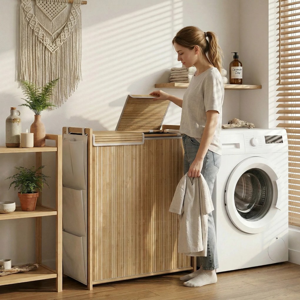 HOMCOM 120 l bambusový koš na prádlo s víkem, 2 přihrádky, snímatelné vaky se šňůrkou, boční kapsy, 63 × 33 × 78 cm, přírodní