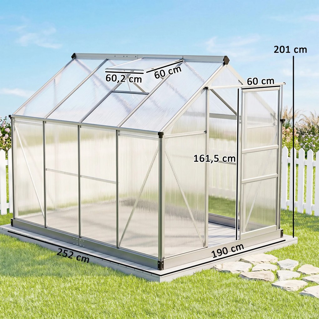 Outsunny hliníkový skleník, 4,79 m² (190 × 252 × 201 cm / 6'3" × 8'3" × 6'7"), základna, střešní ventilace, posuvné dveře, 4 mm UV-odolné panely – za…