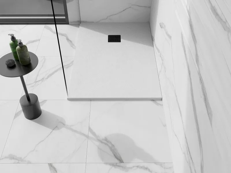 Mexen Stone+, obdélníková vanička z minerálního kompozitu 100 x 90 cm, bílá, černá krytka, 44109010-B