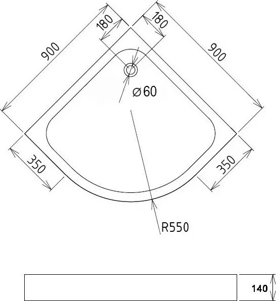 LOR 90x90 Sprchová vanička čtvrtkruhová, akrylát