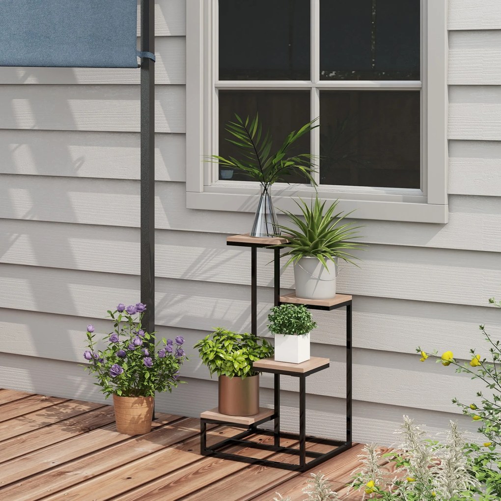 Outsunny Kovový a Dřevěný Stojan na Rostliny s Květinami 4 Úrovně Průmyslový Styl 40L x 40Š x 75,5V cm