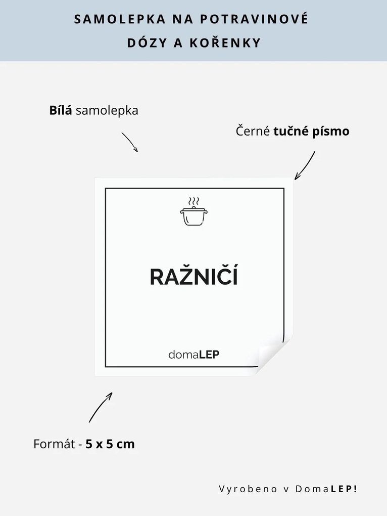 Samolepka na kořenky RAŽNIČÍ bílá 5 × 5 cm tučné písmo
