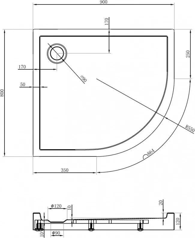 Mexen Flow+, čtvrtkruhová asymetrická sprchová vanička, levá, 90 x 80 cm, bílá lesklá, 46Q108090LH