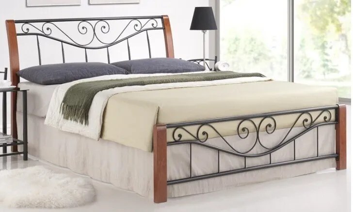 Manželská postel dvoulůžko CS11648, dřevo-kov, 160x200, třešeň