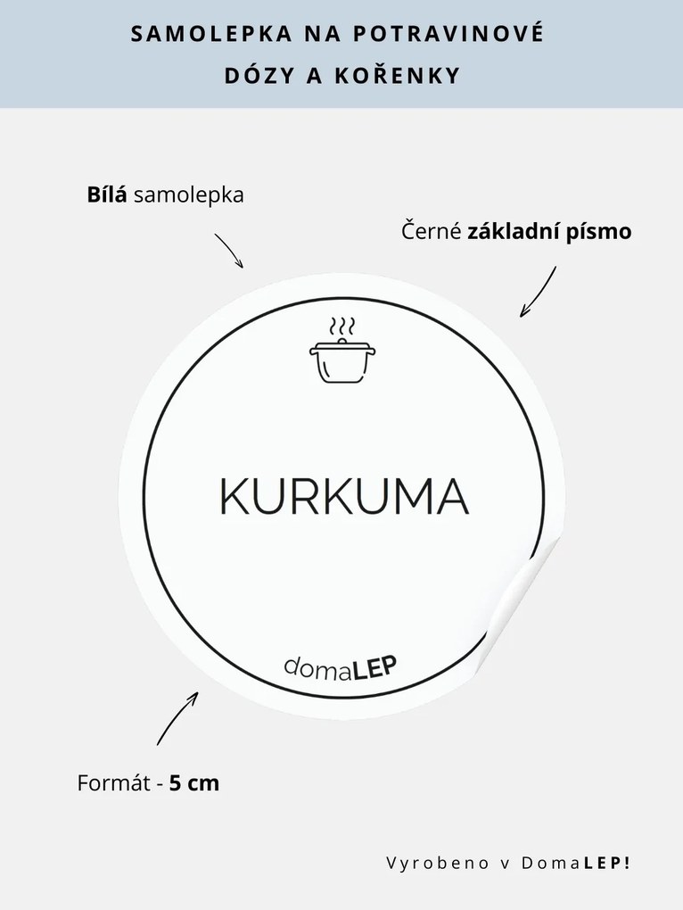 Samolepka na kořenky KURKUMA bílá 5 cm základní písmo
