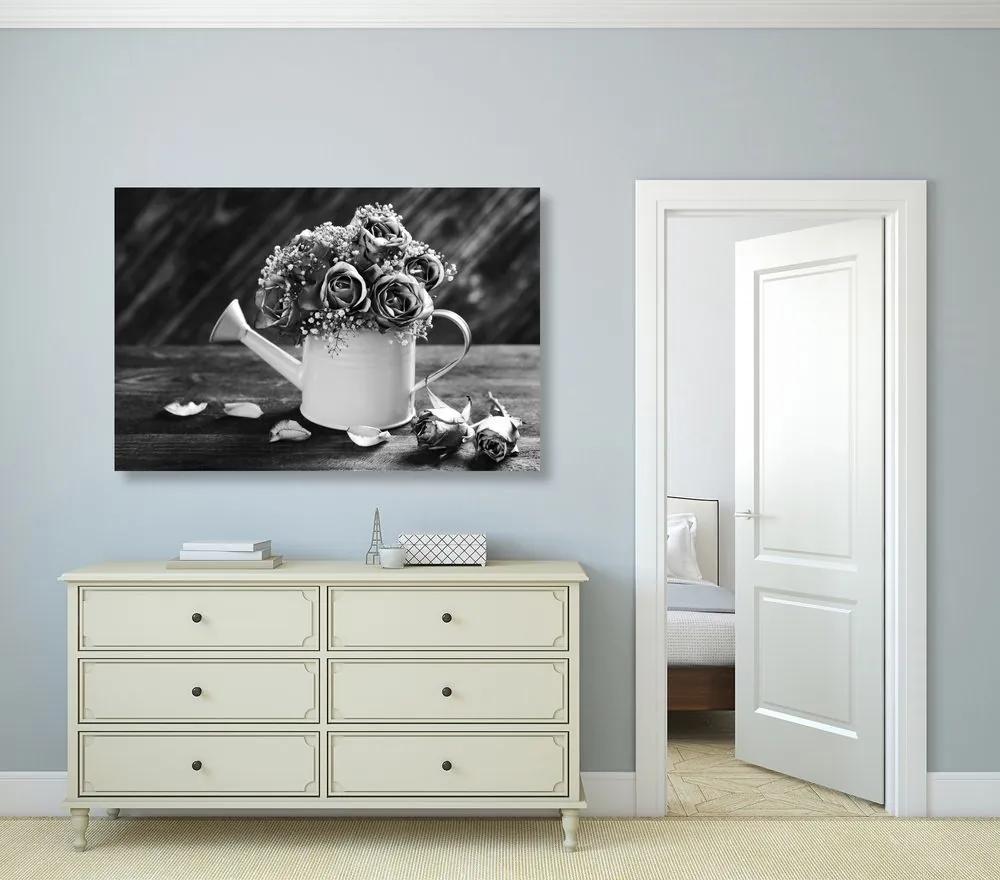 Obraz růže v konve v černobílém provedení - 120x80 cm