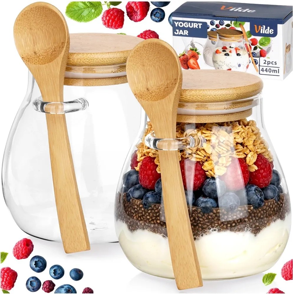 VILDE Sada 2ks sklenic na jogurt / dezert s bambusovým víčkem a lžicí, 2x440ml