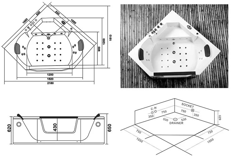 BPS-koupelny Hydromasážní vana HYD-VE643 155x155 bez ohřevu vody