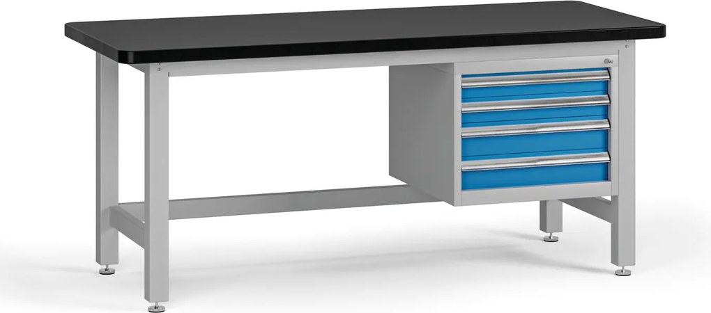 Profesionální dílenský stůl G4, 4 zásuvky, deska MDF + PVC, 1800 x 750 x 800 mm, modrá