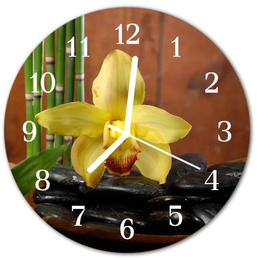 Nástenné skleněné hodiny Bambusová orchidej fi 30 cm