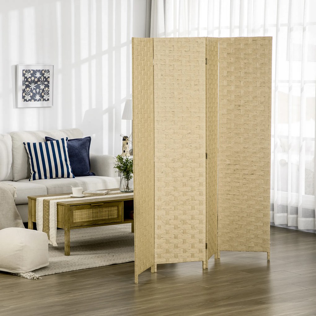 HOMCOM Dělicí stěna 4 panely 159,5x169,5 cm Skládací separator s dekorem z papírového provazu pro ložnici a obývací pokoj Hnědá
