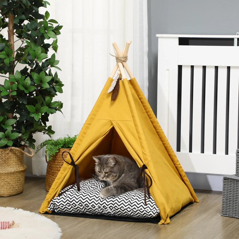 PawHut kočičí domeček teepee stan pro psy s polštářem, protiskluzový, s míčkem na hraní, z borovicového dřeva, vnitřní, žlutý| Aosom